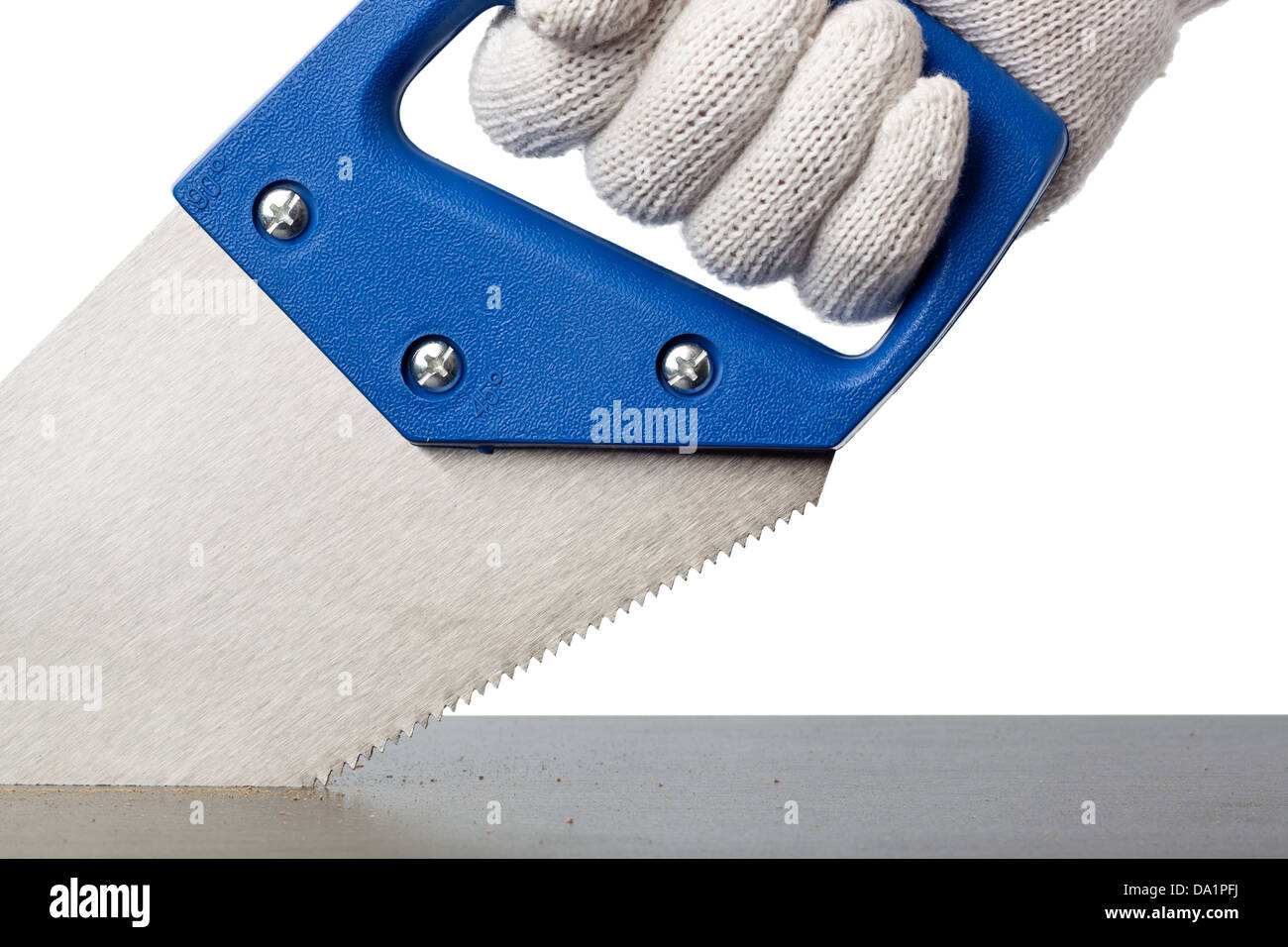 Closeup of a gloved hand cutting a plank of wood isolated on white ...