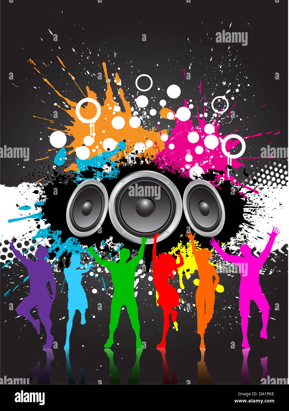 Grunge style music background with speakers and colourful silhouettes ...