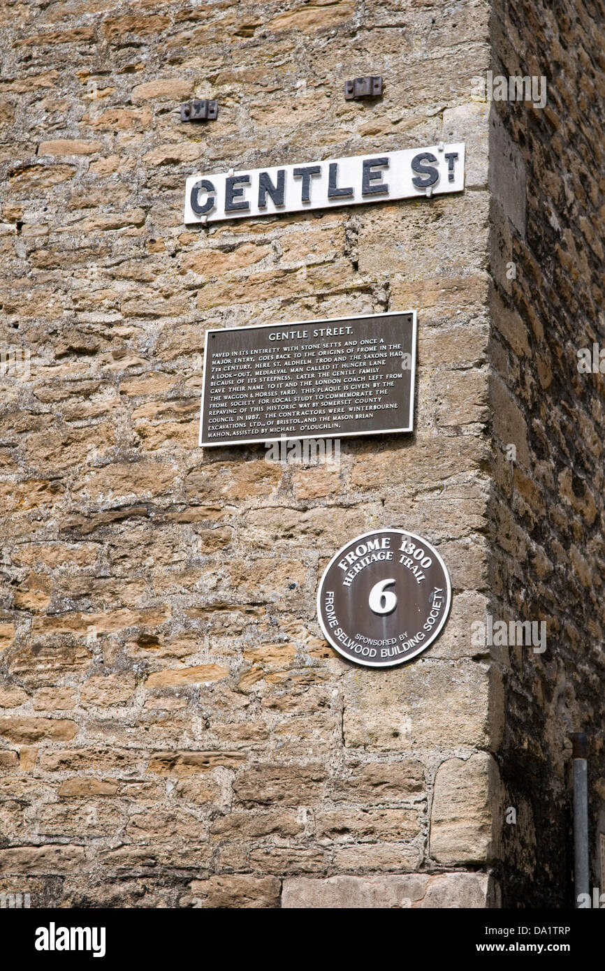 Gentle st street sign with plaque and heritage trail sign in Frome ...