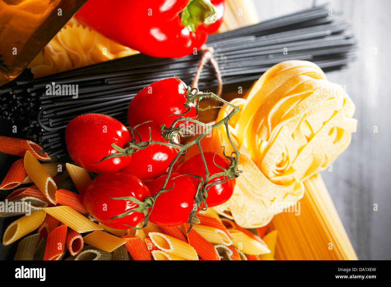 Pasta ingredients on black table, italian cuisine concept Stock Photo ...