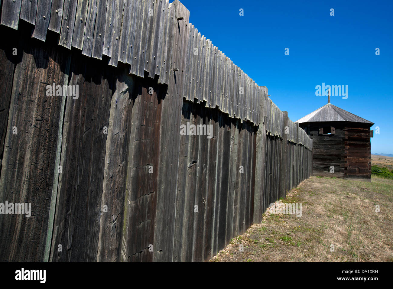 Detailed view of exterior of fort walls with blockhouse, Fort Ross ...