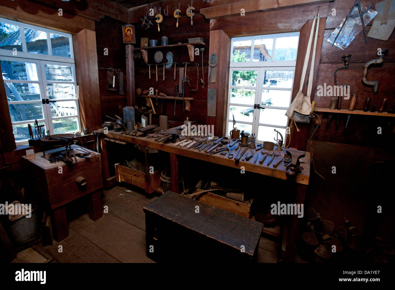 Work area with tools inside Rotchev House, Fort Ross State Historic ...