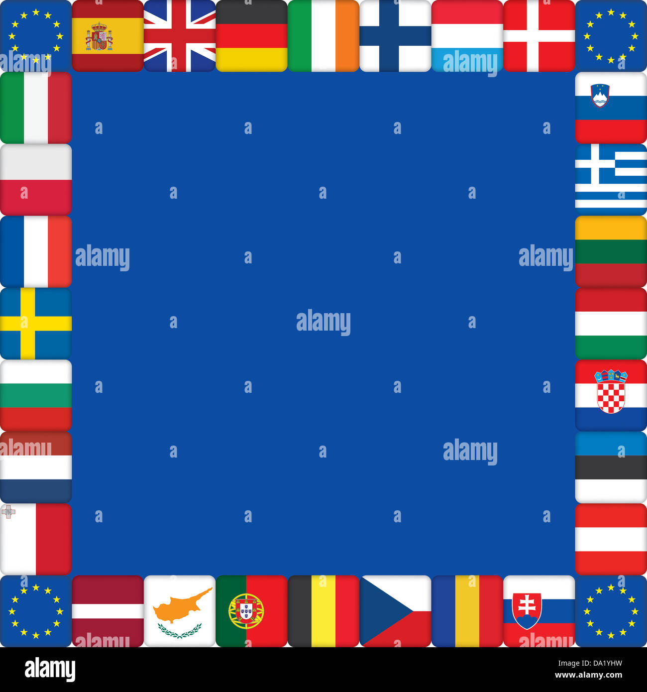 blue background with European Union flags icons frame Stock Photo - Alamy