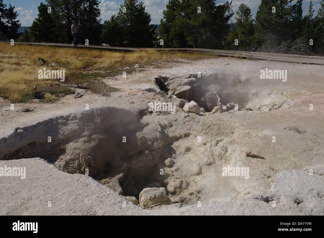 Sunny view to trees and woman walking boardwalk, grey sinter vents Red ...