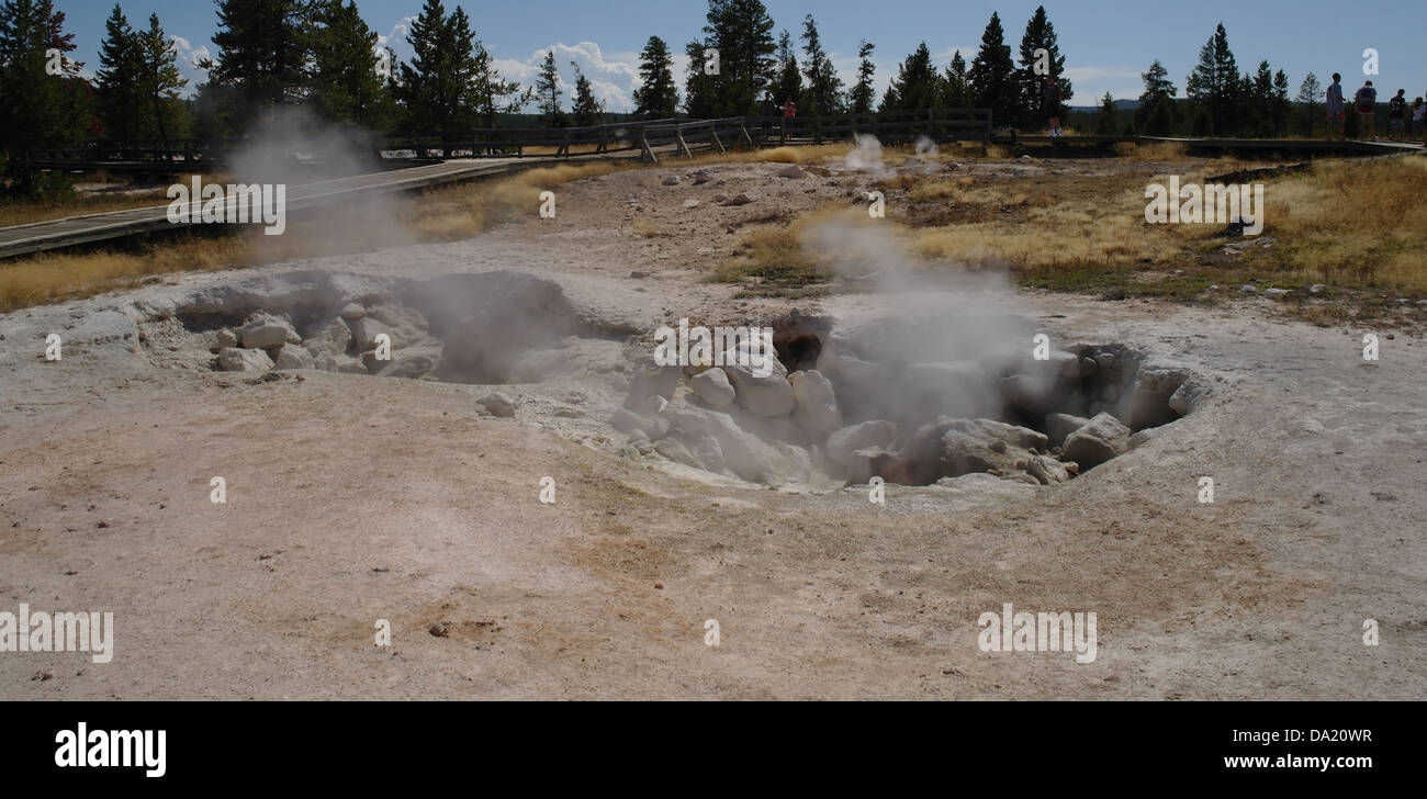 Blue sky view, to boardwalk tourists and pine trees, steam rising vents ...
