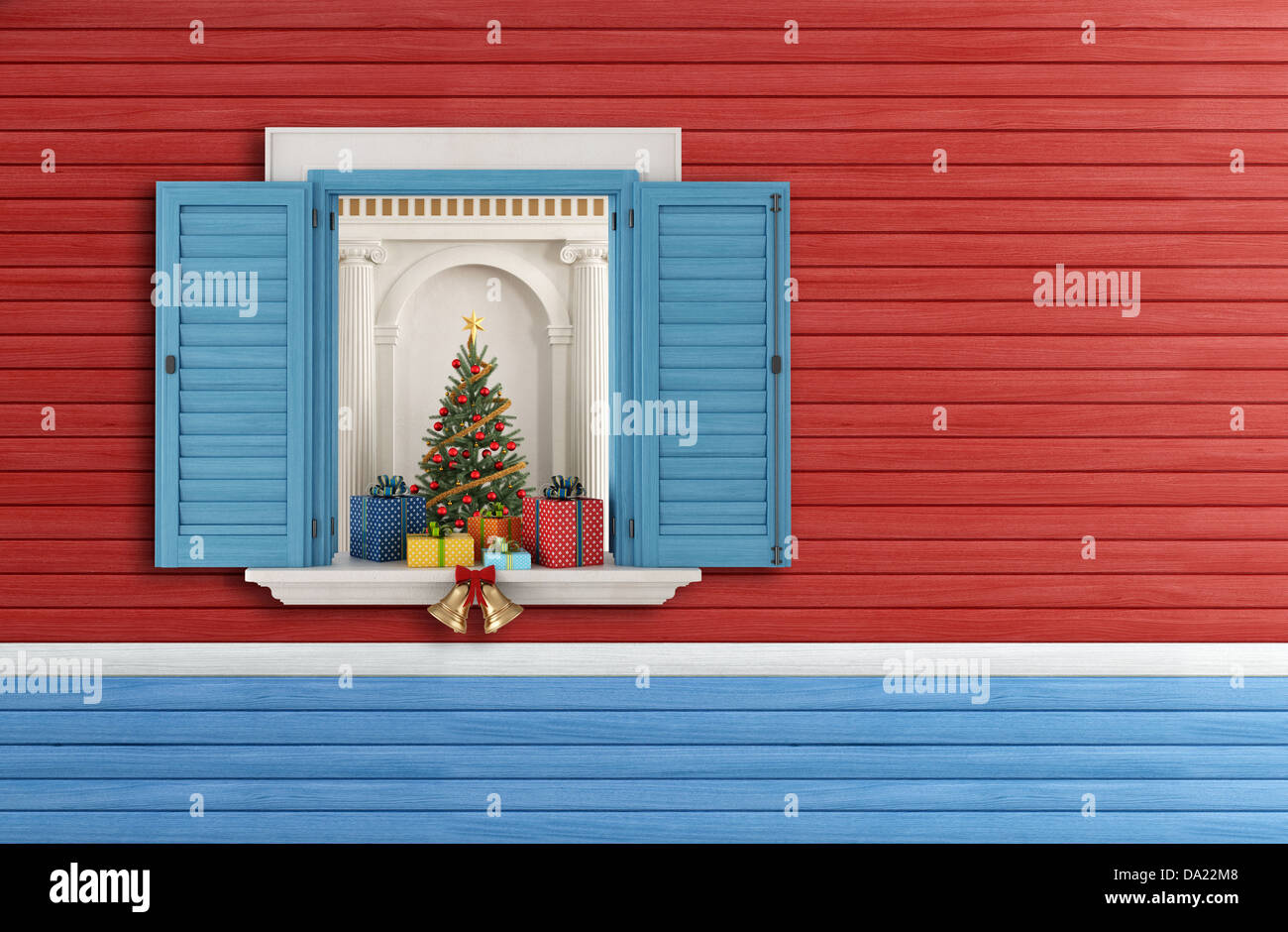 Christmas tree through an open blue window - rendering Stock Photo - Alamy