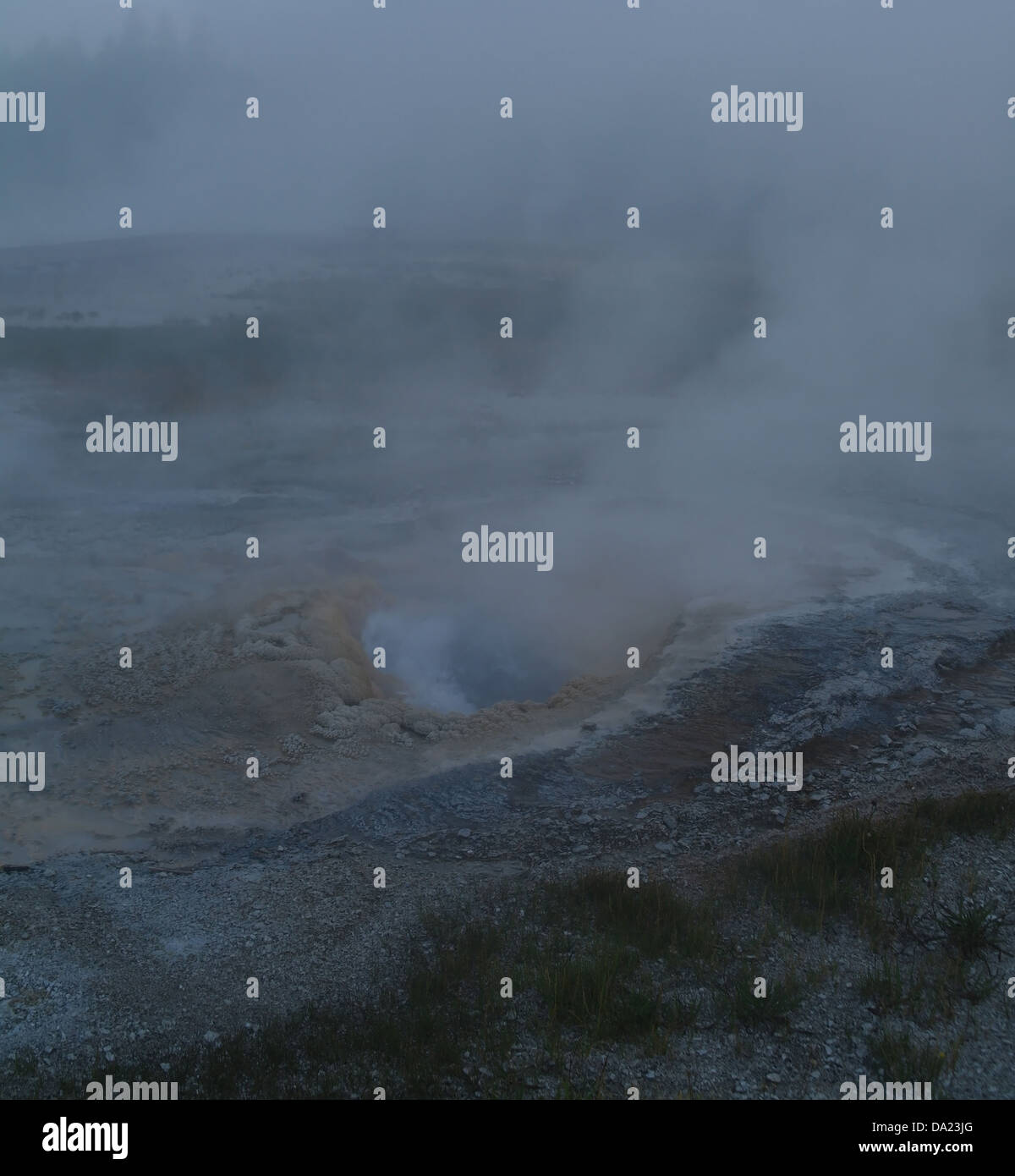 Morning steam fog view water bubbling in yellow sinter cone Pump Geyser ...