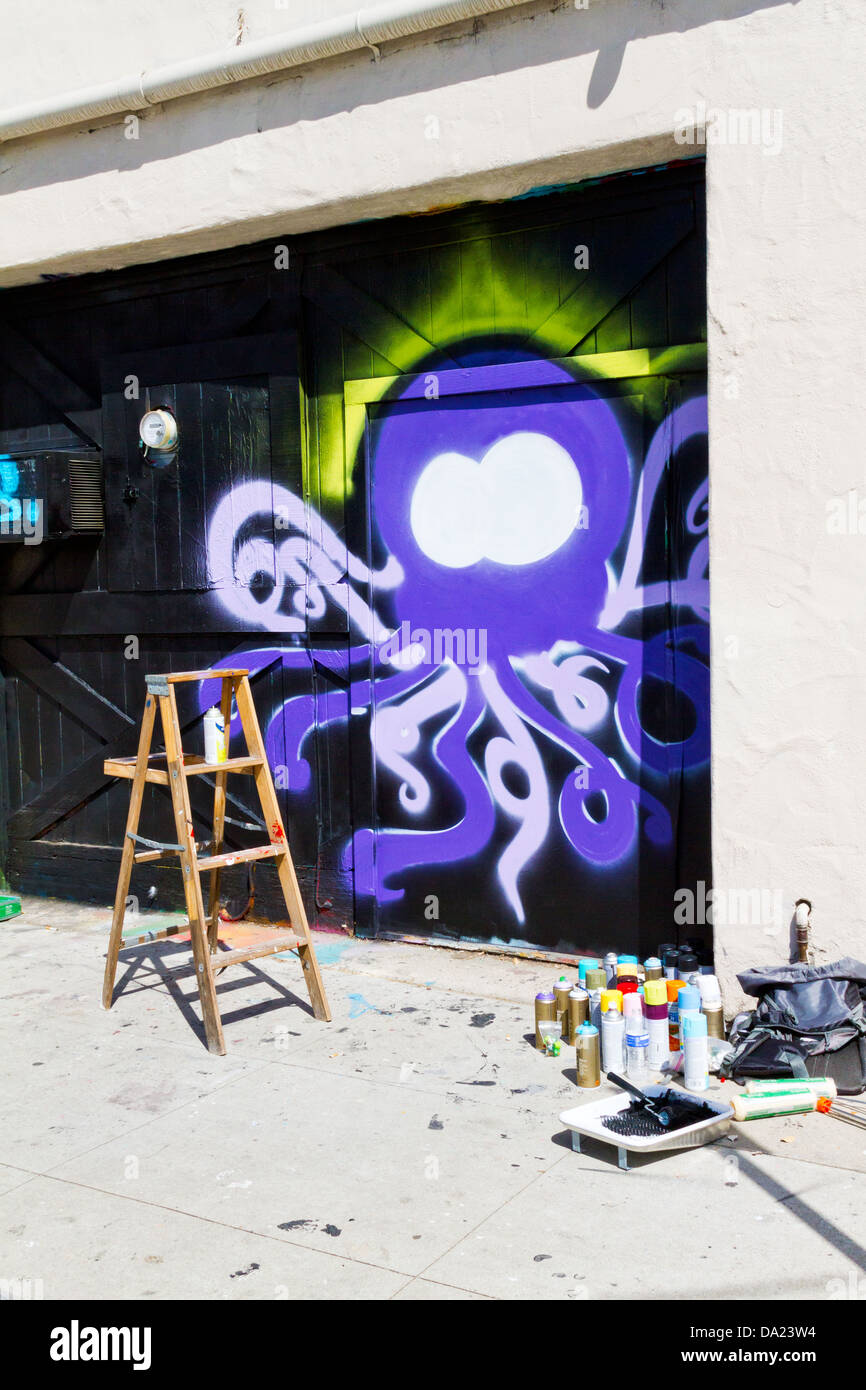 Unfinished mural on the wall of an artist's studio in the Funk Zone in ...