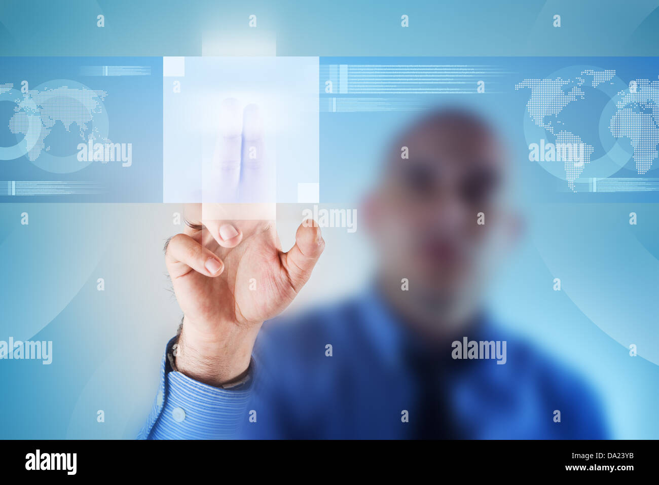 Businessman pressing touch screen button. Modern business technology ...