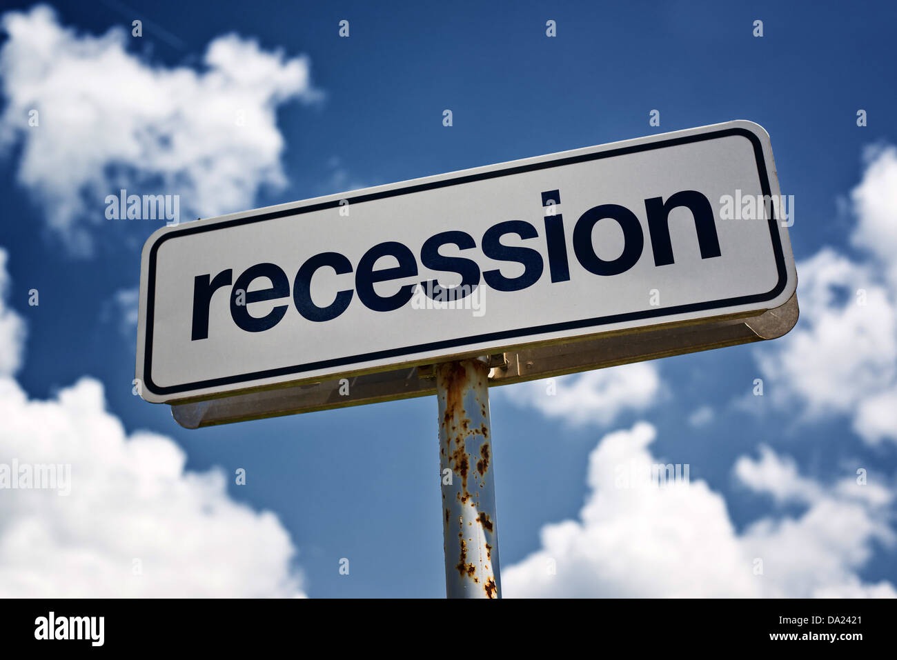 Recession street sign against blue sky with clouds Stock Photo - Alamy