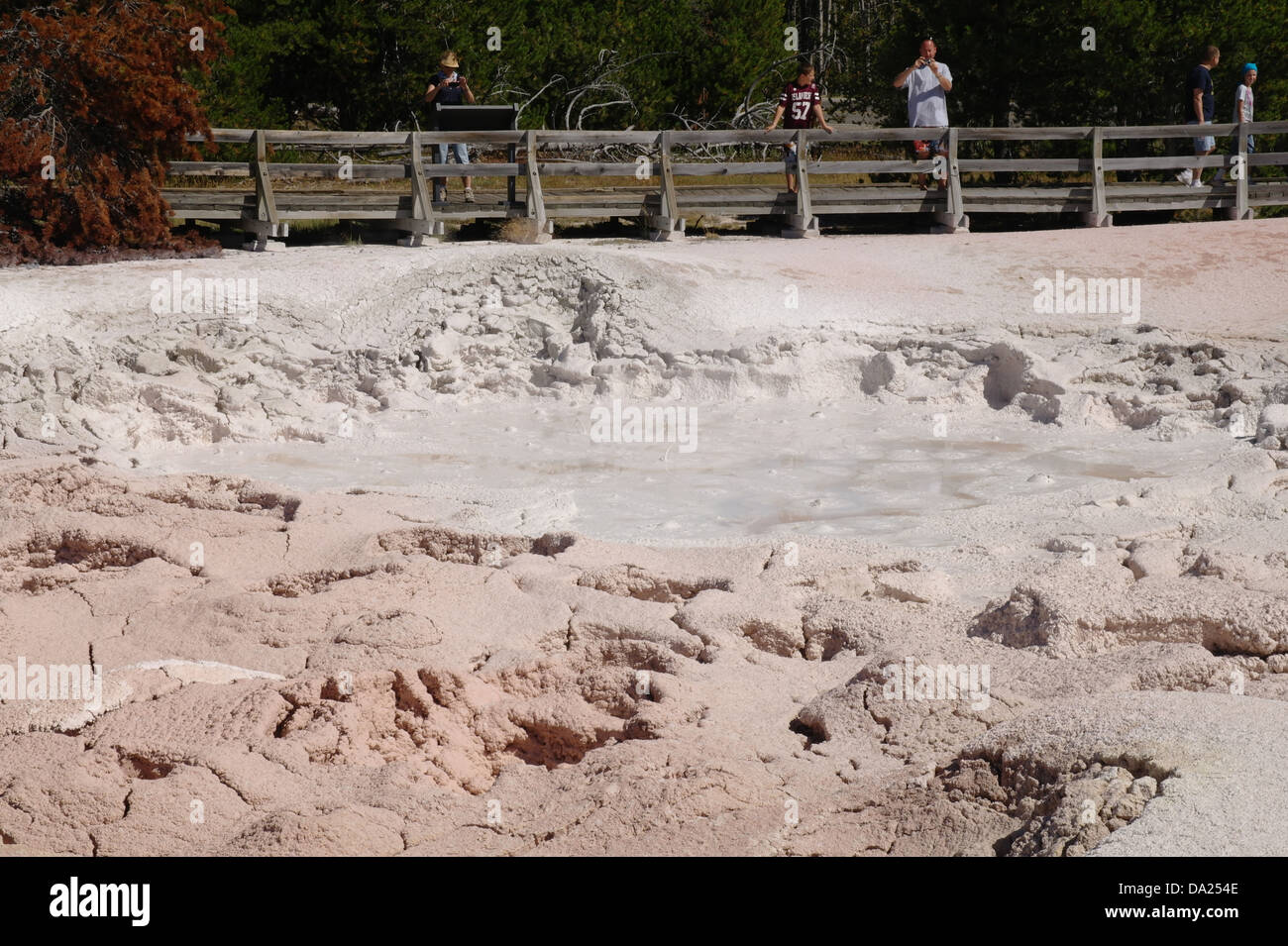 Tourists standing wooden fence watching bubbling mud in vent of ...
