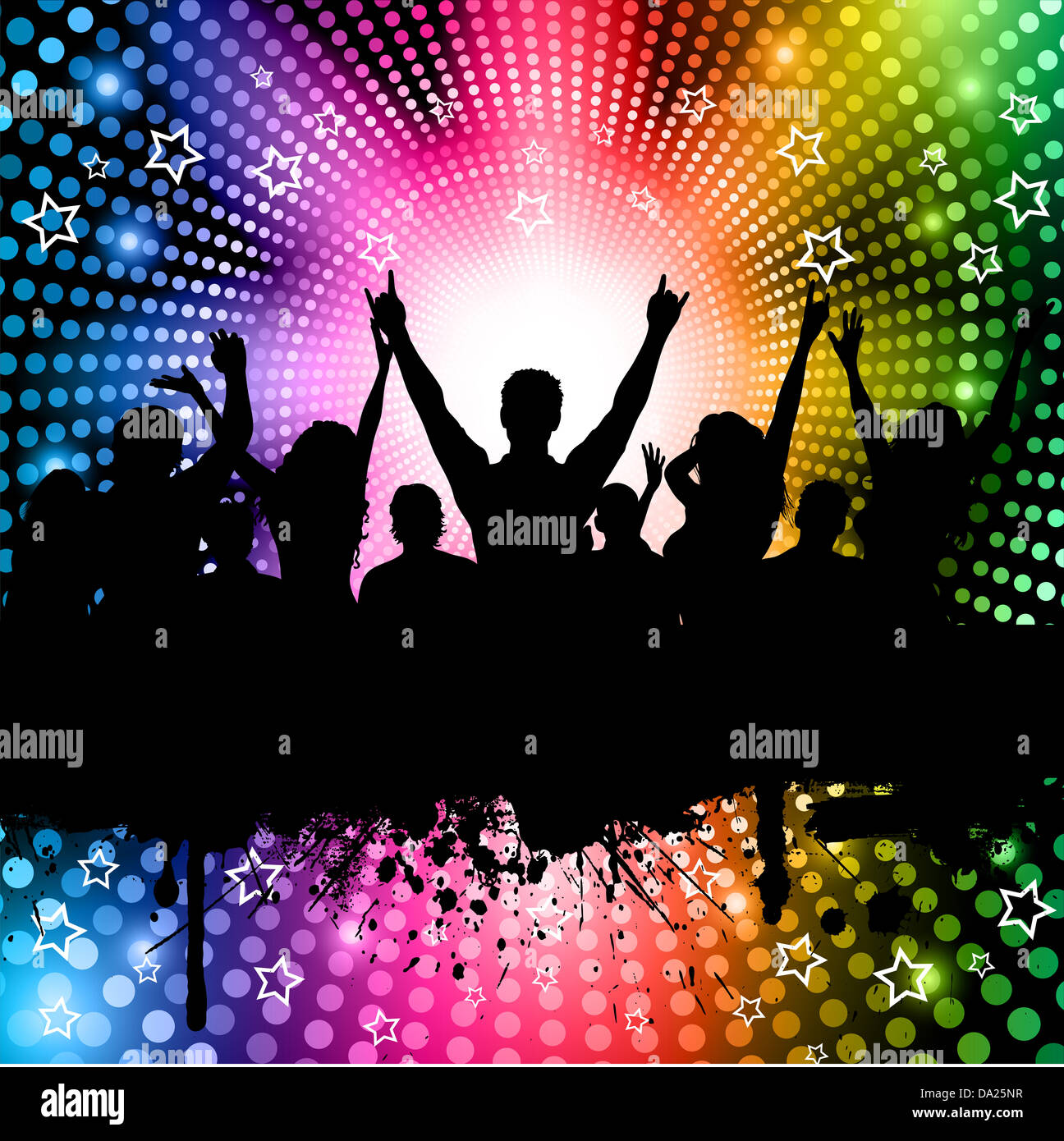 Silhouette of a party crowd on a rainbow coloured lights background ...