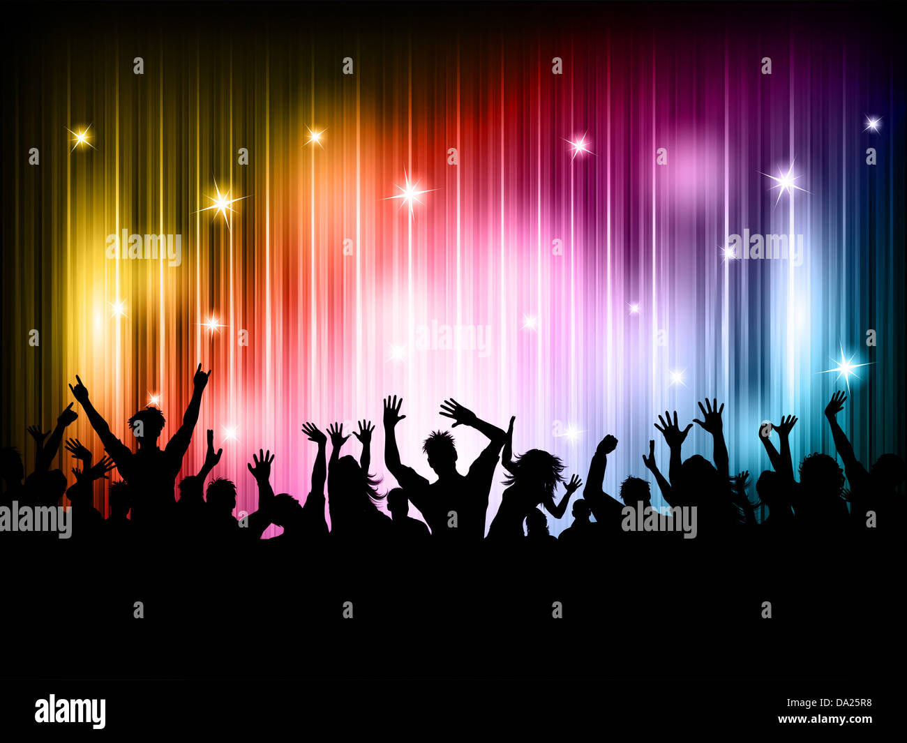 Silhouette of a party crowd on a colourful lights background Stock ...