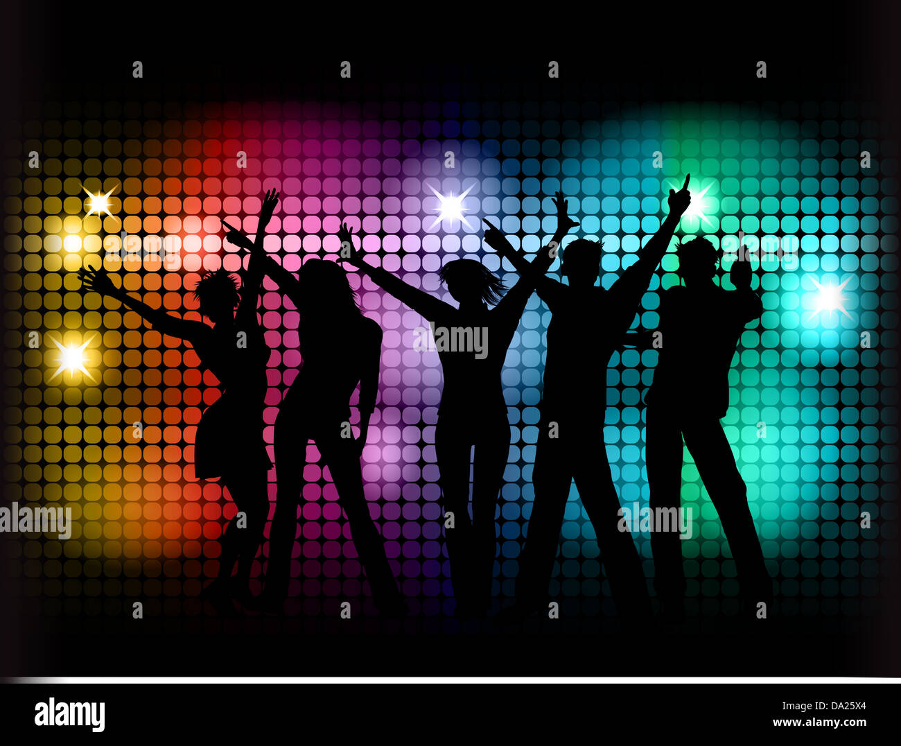 Silhouettes of people dancing on a neon lights background Stock Photo ...