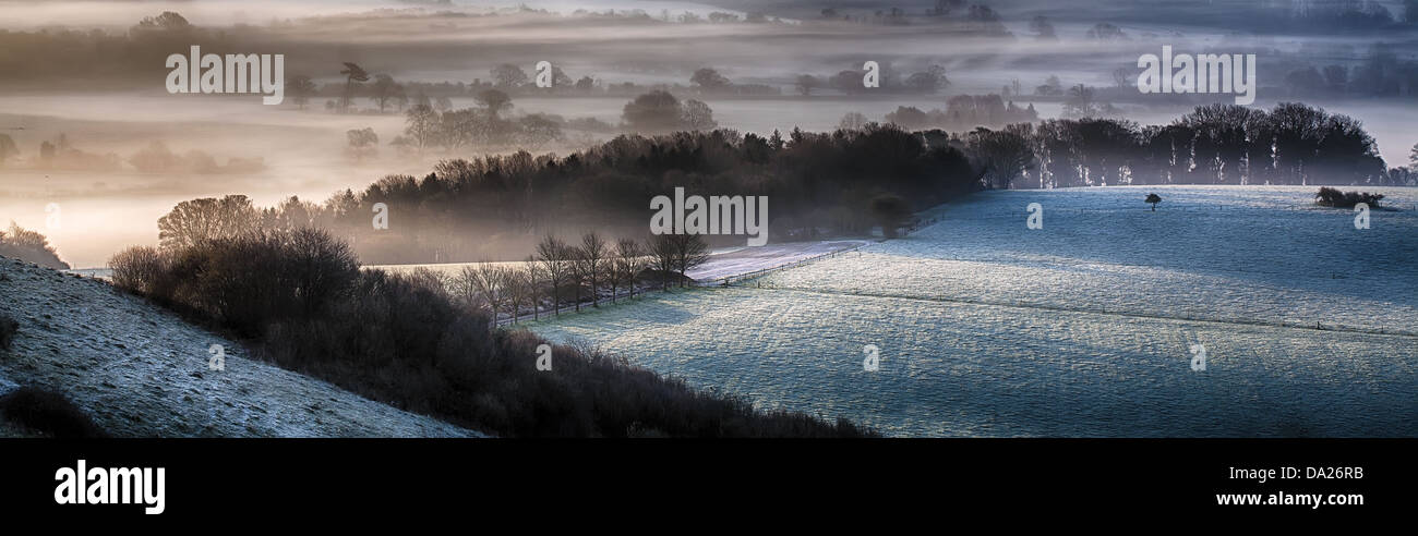 Frosty spring morning panoramic landscape with ground mist Stock Photo ...