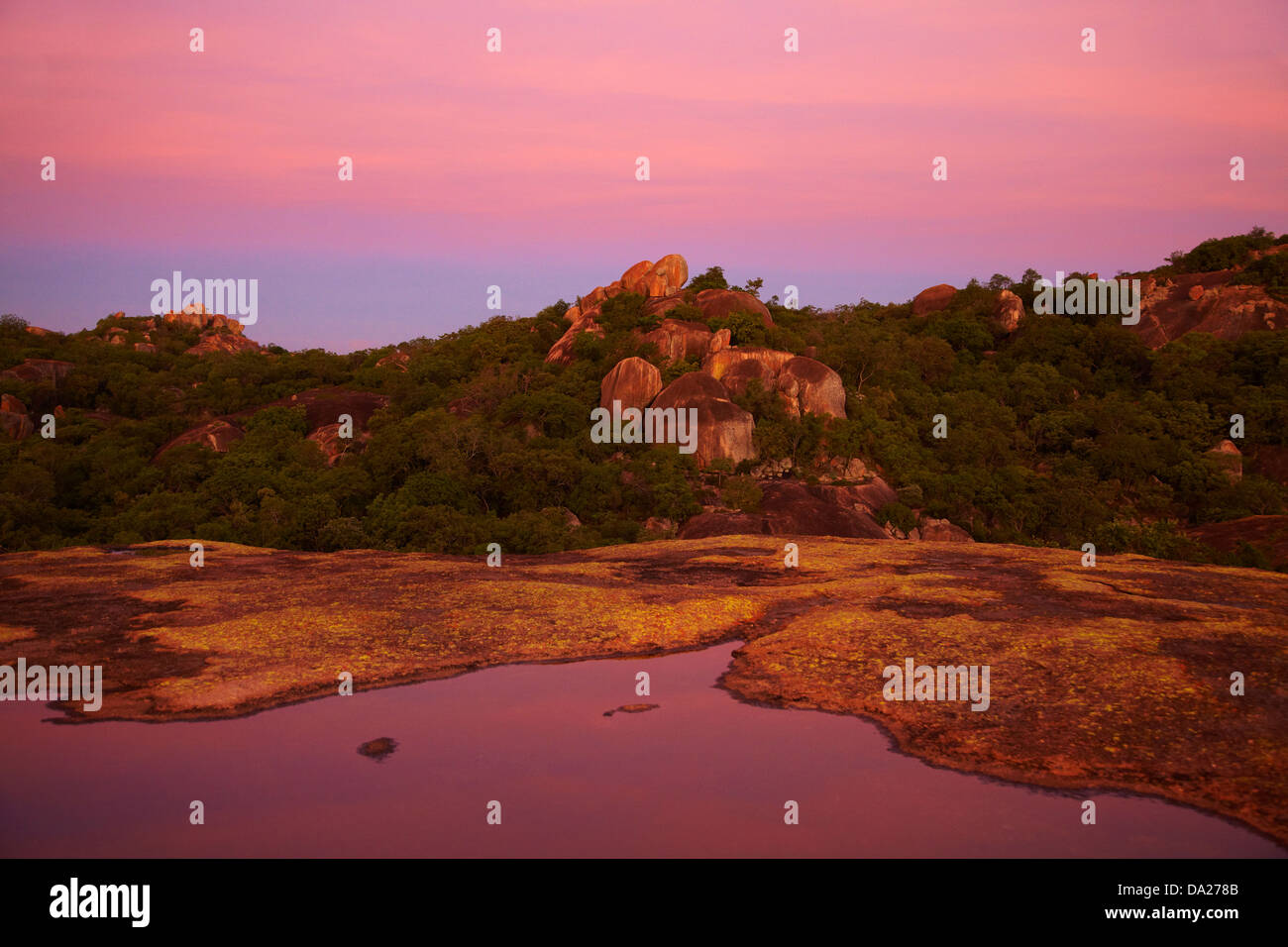 Dusk over rock formations, Big Cave Camp, Matopos Hills, near Bulawayo ...