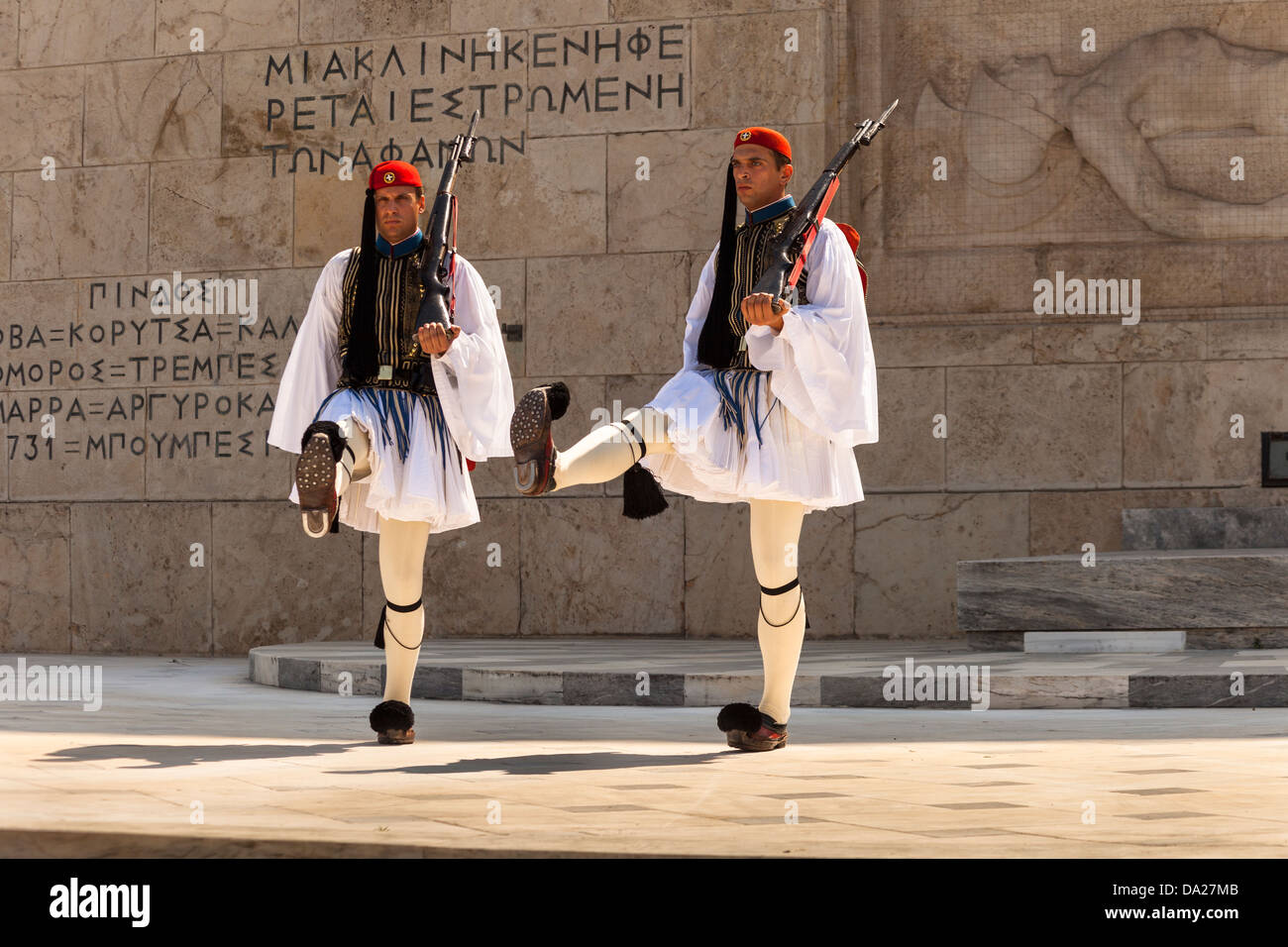 Greek soldiers, Evzones, marching beside Tomb of the Unknown Soldier ...