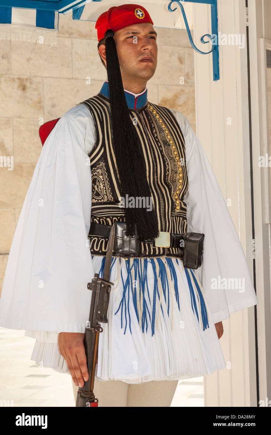 Greek soldier, an Evzone, on sentry duty outside the Parliament ...