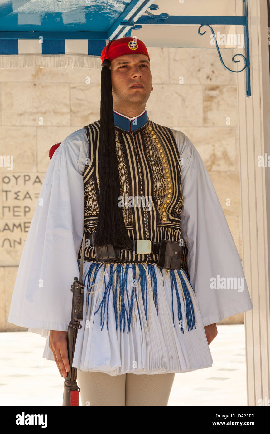 Greek soldier, an Evzone, on sentry duty outside the Parliament ...