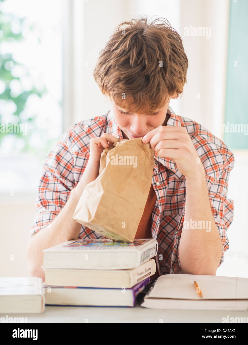 Teenage boy (14-15) looking inside paper bag Stock Photo - Alamy