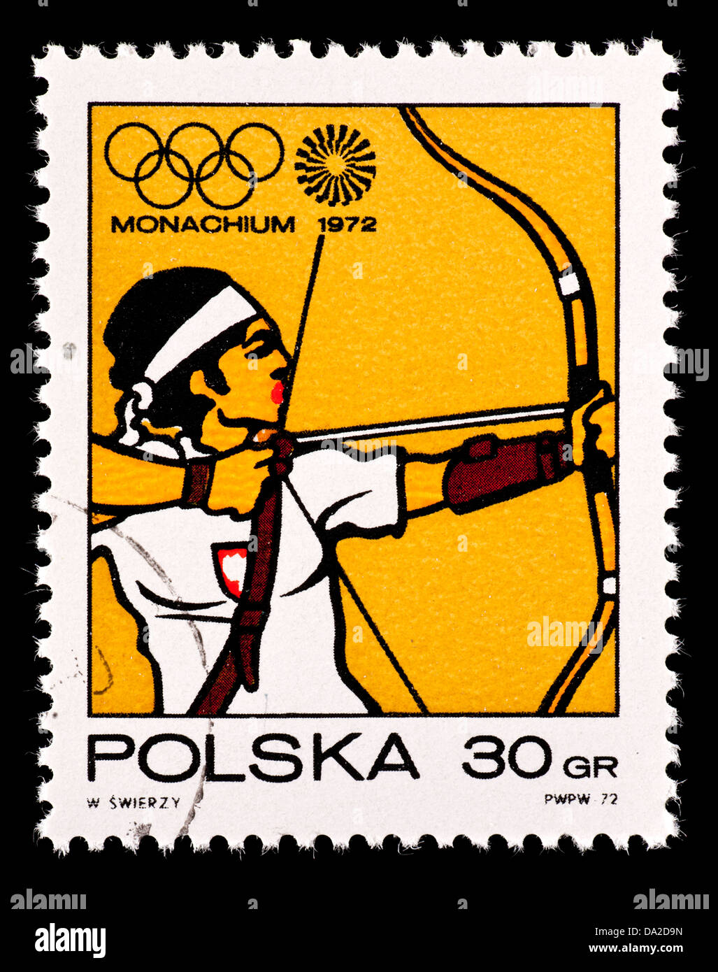 Postage stamp from Poland depict an archer, issued for the 1972 Olympic ...