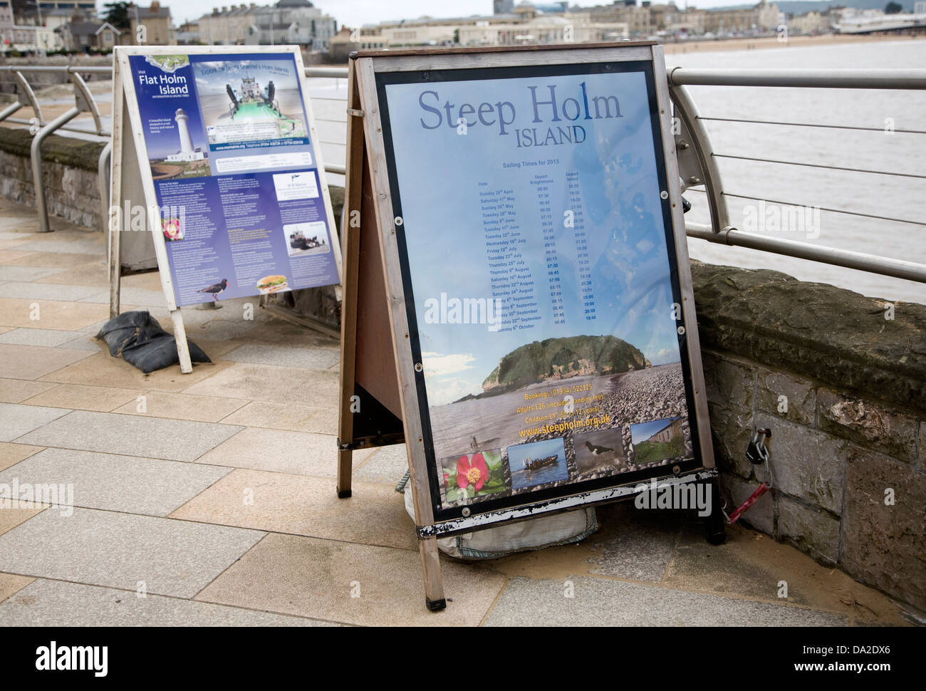 Boat trip signs Flat Holm and Steep Holm islands in the Bristol Channel ...