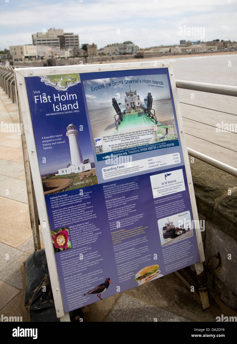 Boat trip signs Flat Holm island in the Bristol Channel at Weston Super ...