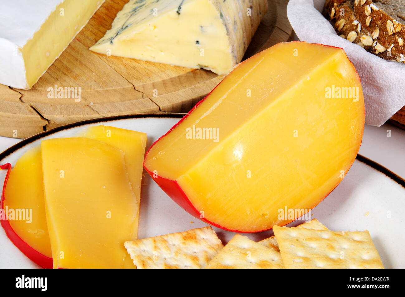 Cheese selection of Dutch Edam, French Brie and French Bleu D’Auvergne ...