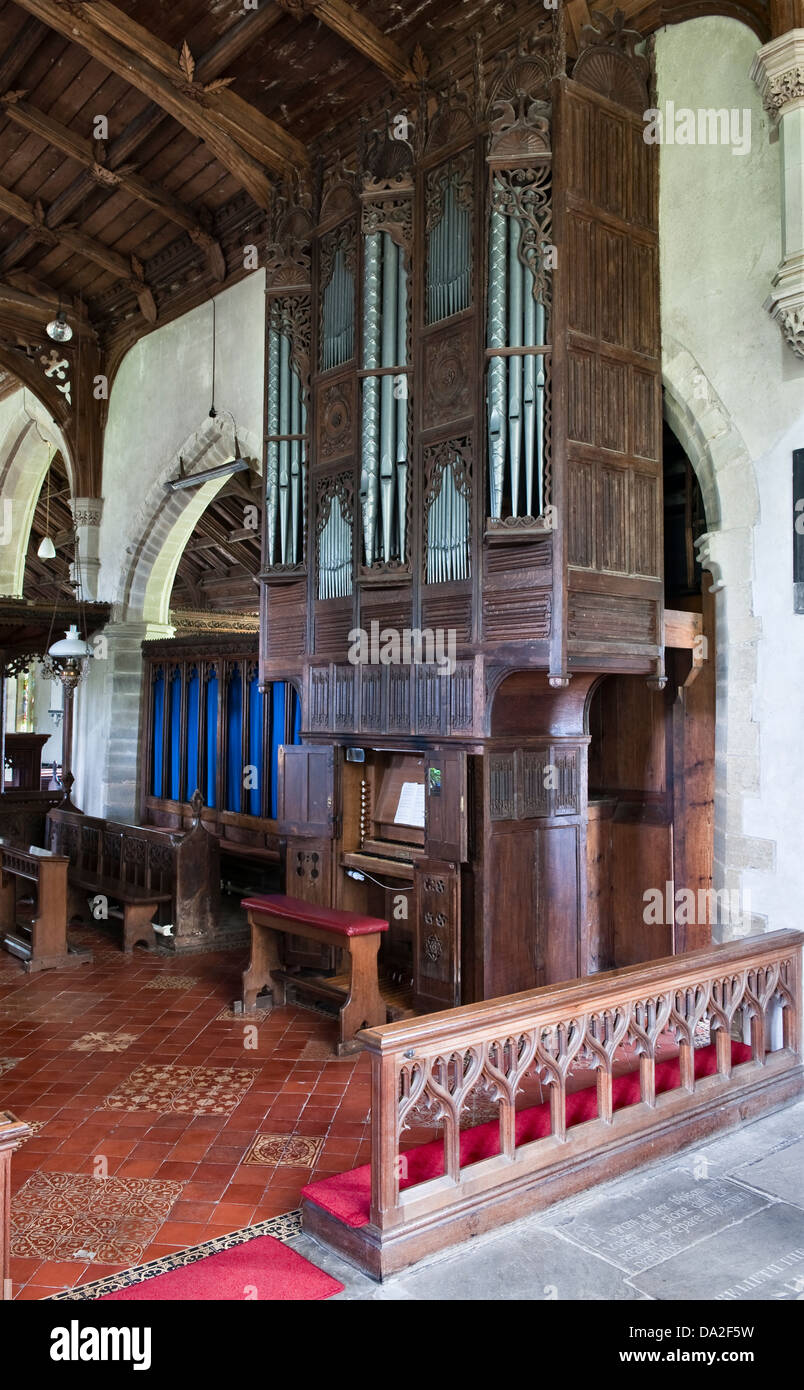 The organ in St Stephen's Church, Old Radnor, Wales, UK. The ornately ...