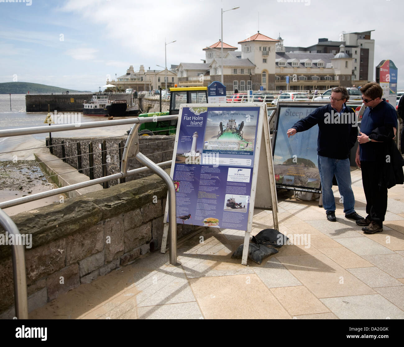 Boat trip signs Flat Holm island in the Bristol Channel at Weston Super ...