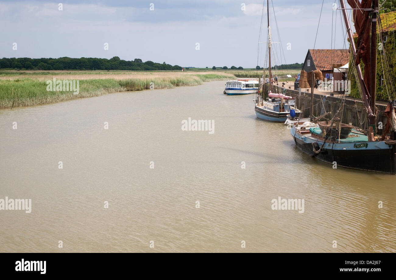 River Alde with boats at moorings Snape maltings, Suffolk, England ...