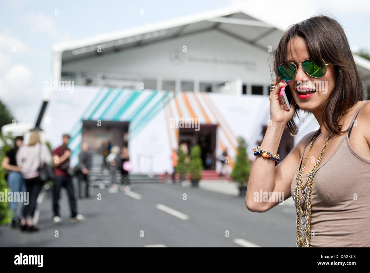 Stylist Paula Rapp poses in front of the fashion-tent during the ...