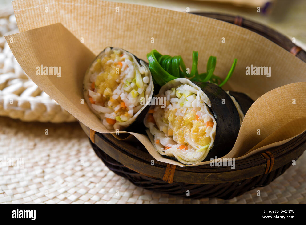 Closeup of a Malaysia popiah fresh spring roll filling with turnip ...