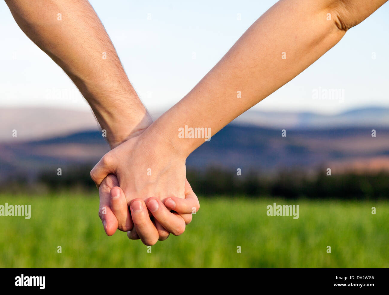 Lovers Couple Holding Hands in a Meadow.Concept Love Stock Photo - Alamy
