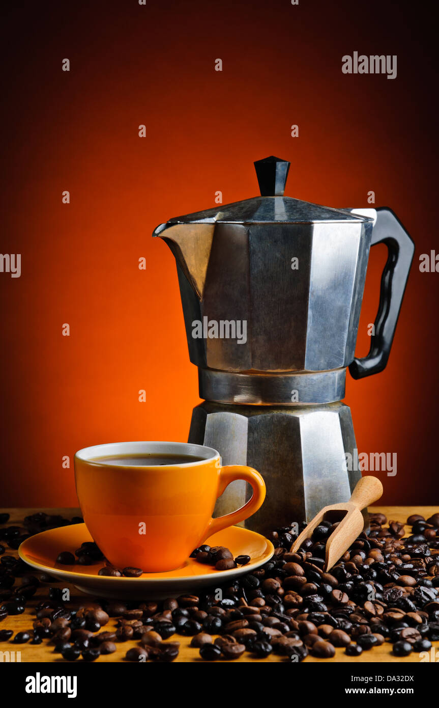 still life with fresh espresso coffee cup, pot and beans Stock Photo ...