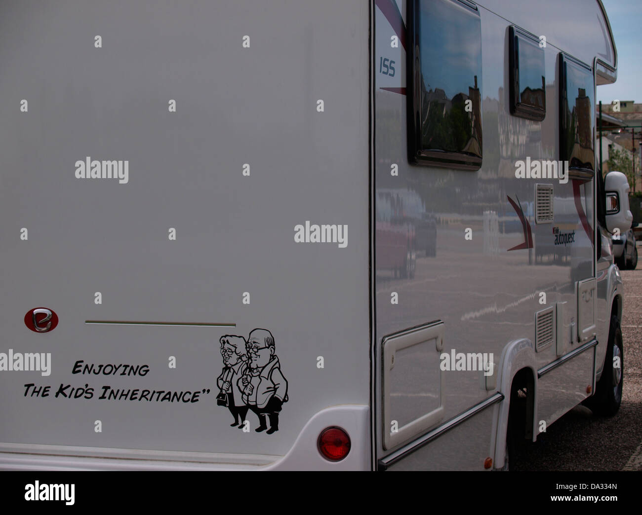 Enjoying the kid's inheritance sign on the back of a motorhome, UK ...