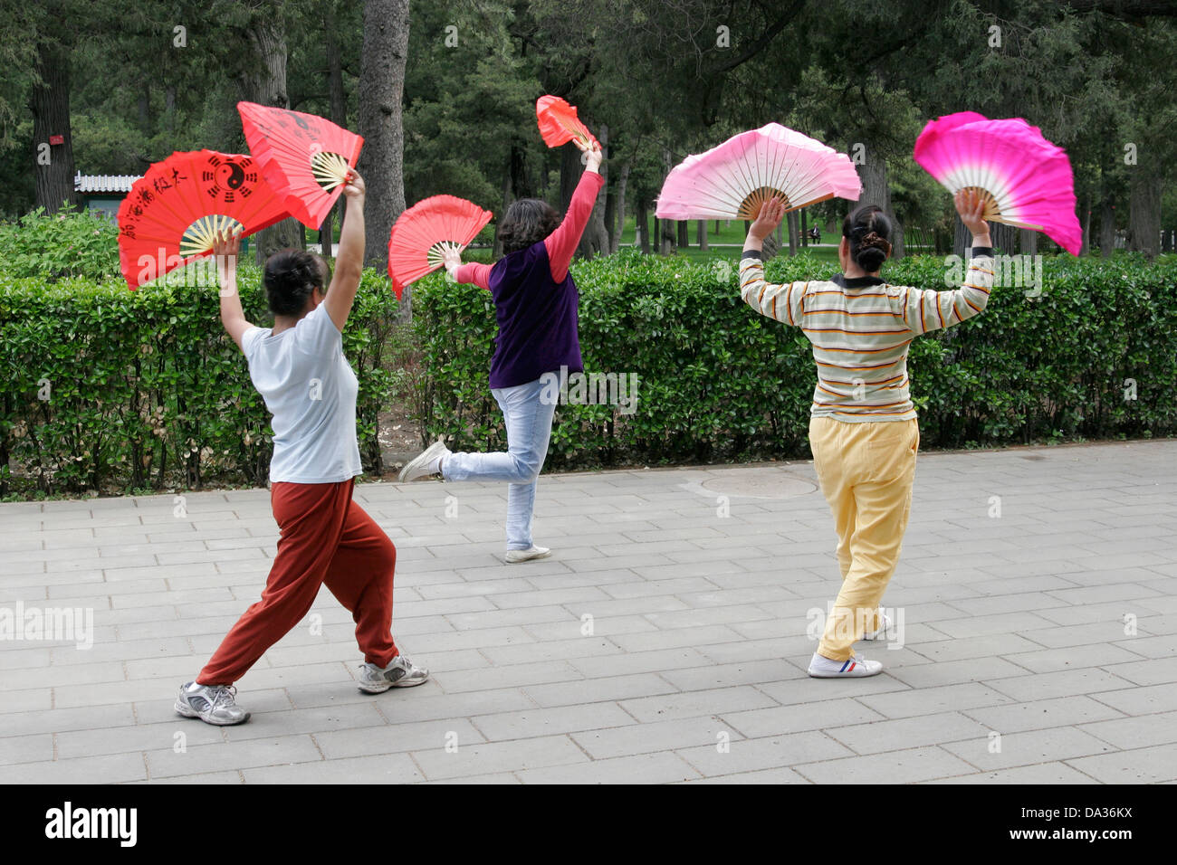 Chinese women doing morning exercise with traditional Chinese fans ...