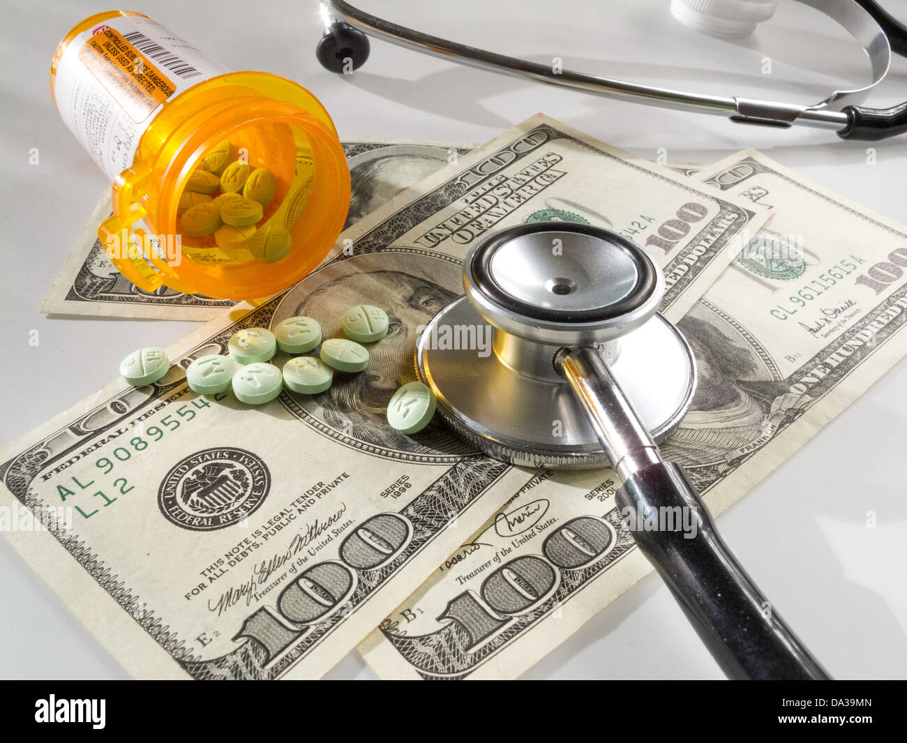 Still Life of Hundred Dollar Bills,Prescription Drugs and Stethoscope ...