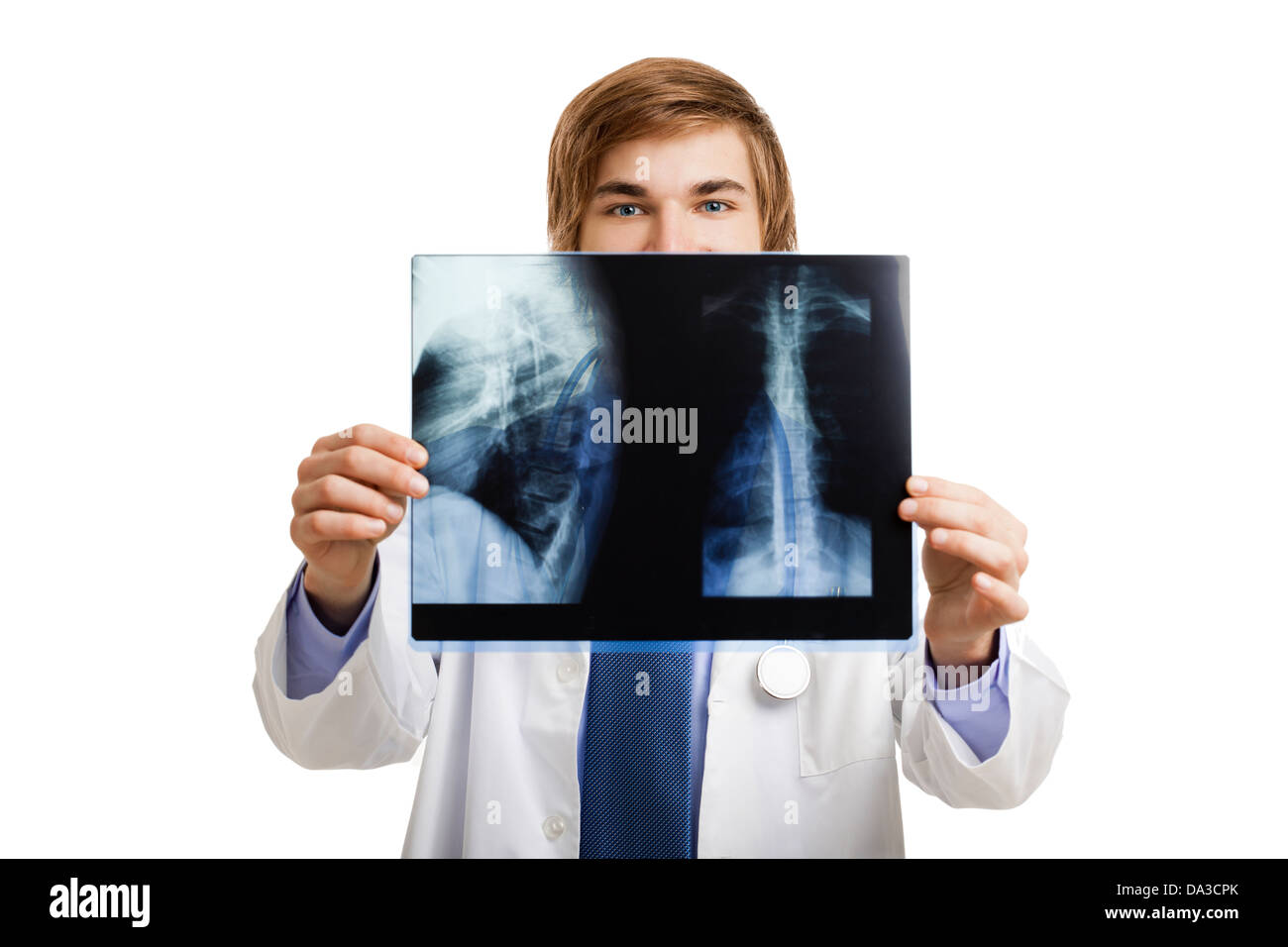 Portrait of a handsome doctor holding a RX, isolated over a white ...