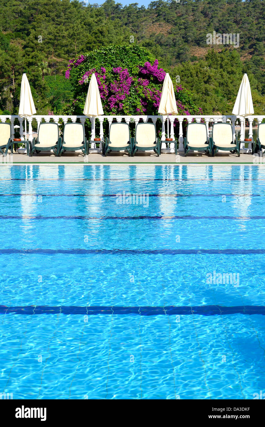 Swimming pool on Mediterranean turkish resort, Fethiye, Turkey Stock ...