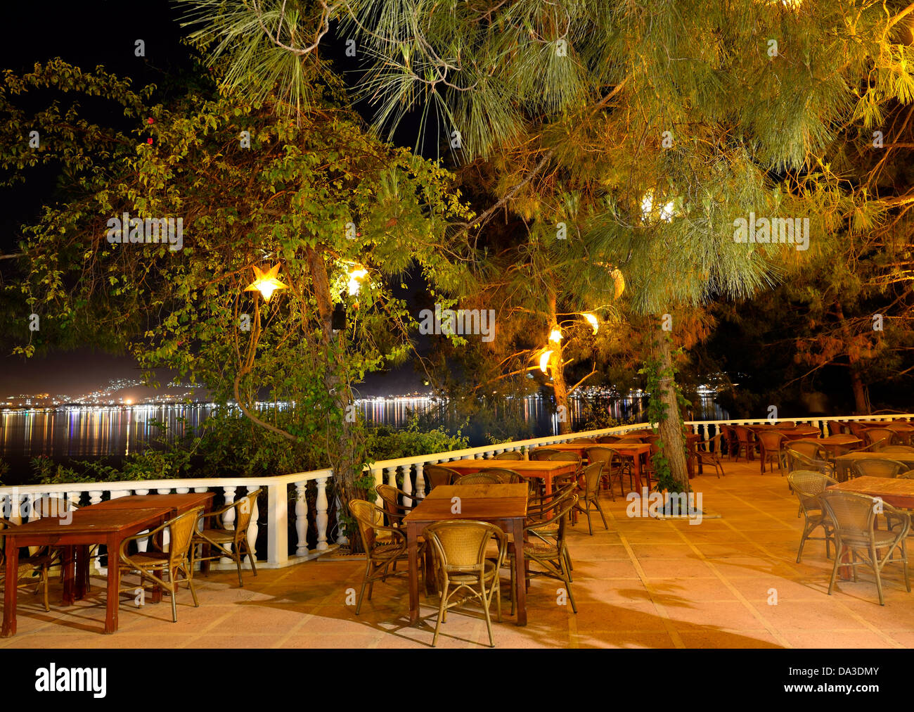 Restaurant in night illumination at luxury hotel, Fethiye, Turkey Stock ...