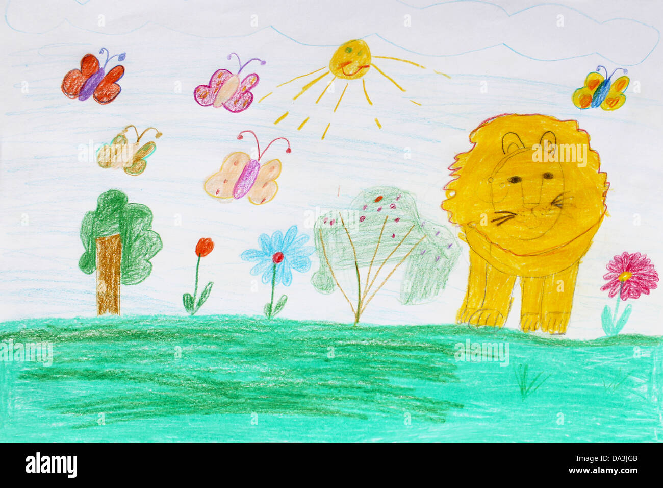 Multicolored children's drawing with butterflies and lion Stock Photo ...