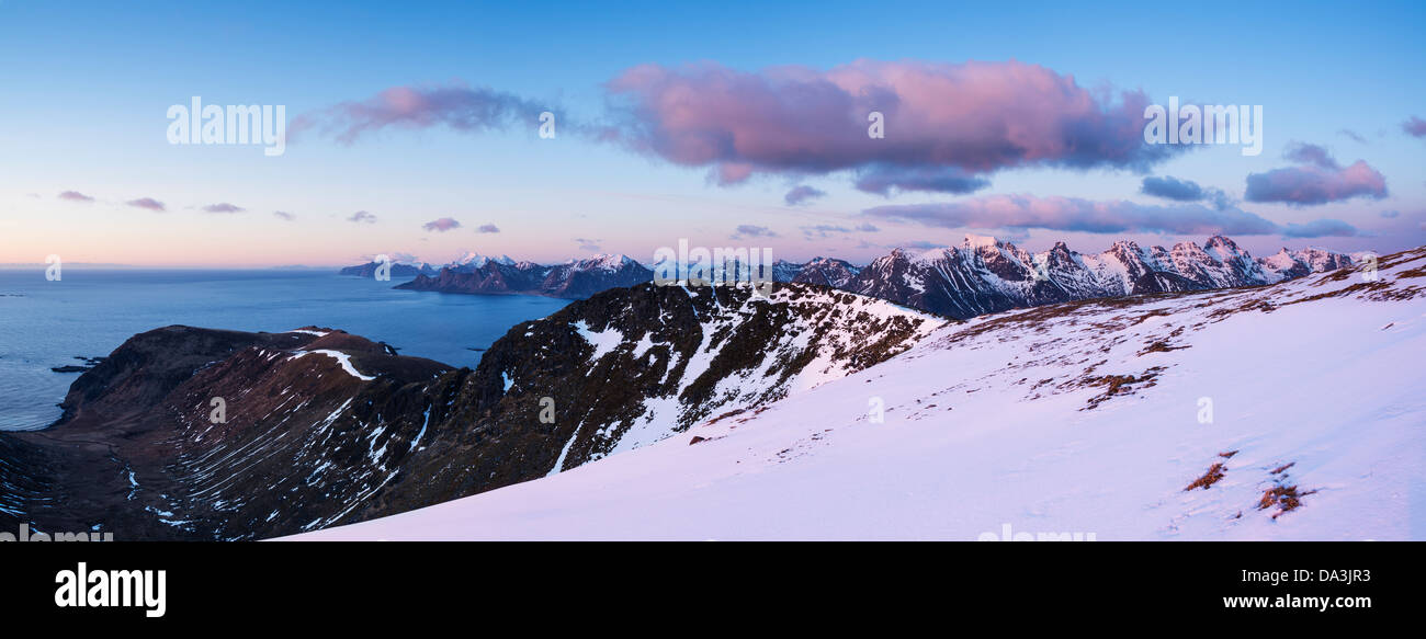 Spring sunset from summit of Ryten, Moskenesoy, Lofoten Islands, Norway ...