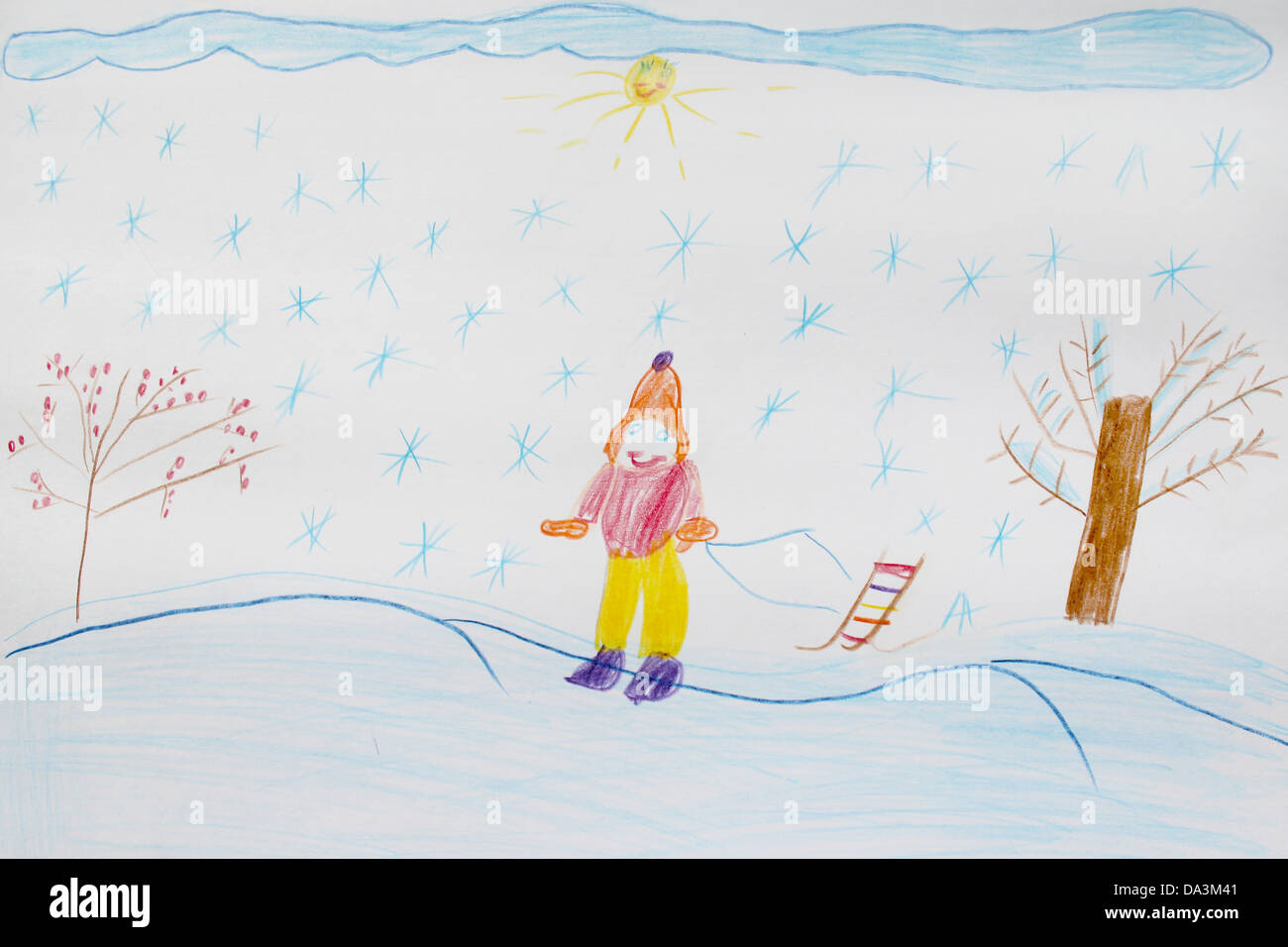 image of children's drawing of skier standing on the ski Stock Photo ...