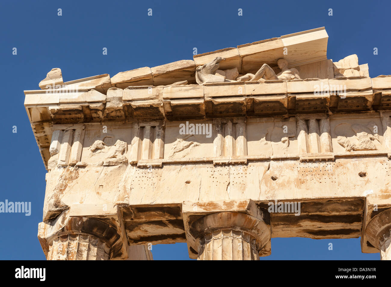 Close up of carved stone pediment of the Parthenon at the Acropolis ...