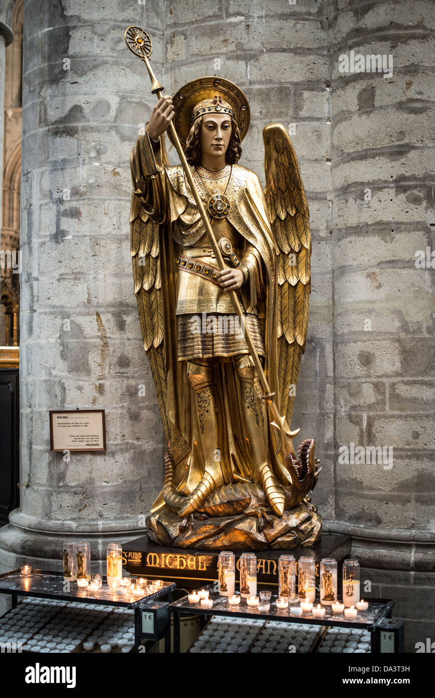 BRUSSELS, Belgium - A statue of St Michel (St Michael), one of the ...