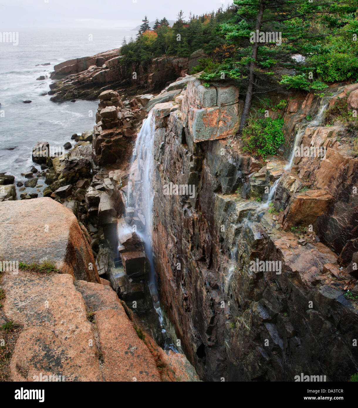 The Rugged Seacoast And A Temporary Waterfall In The Rain At Acadia ...