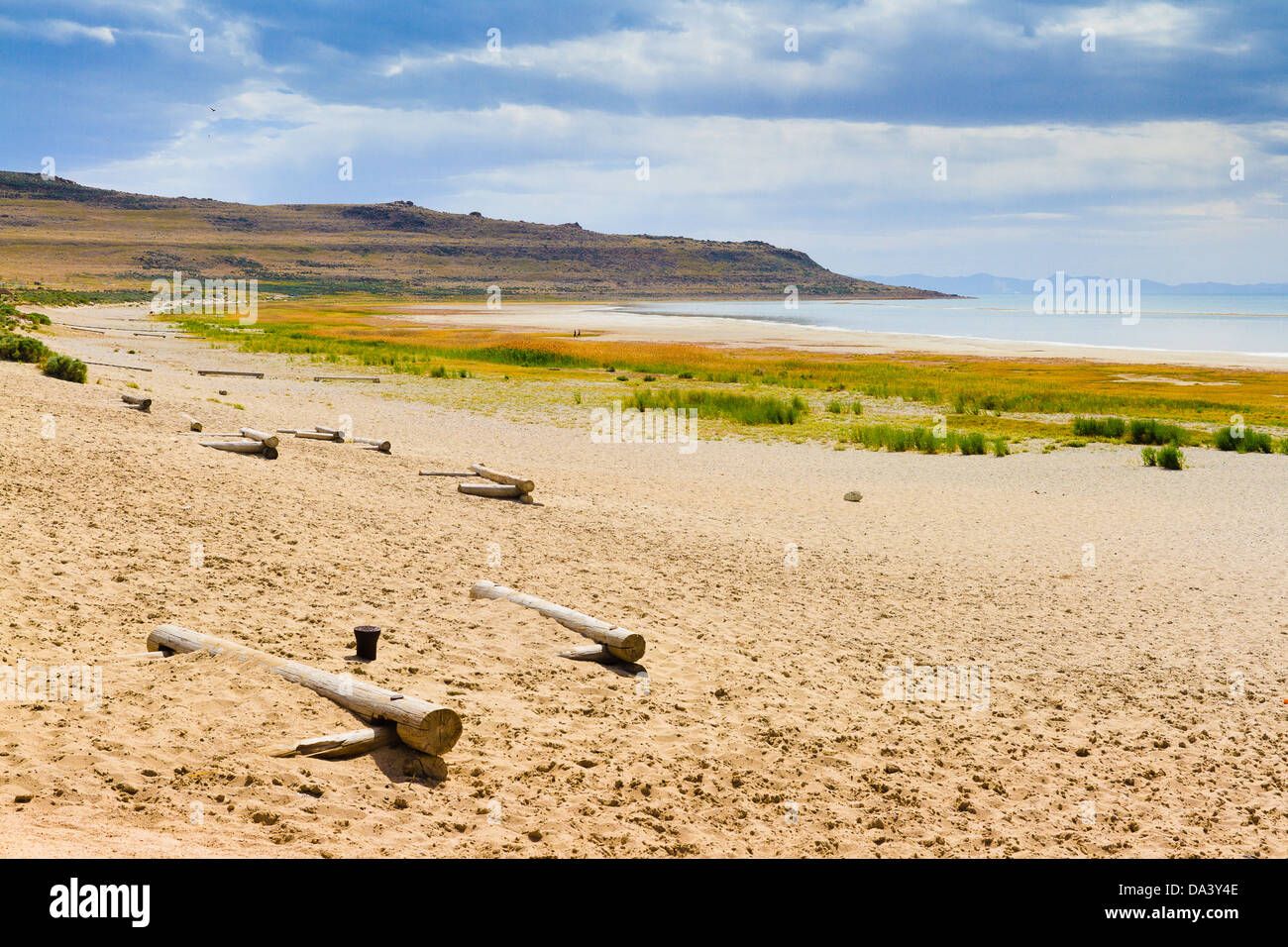 Partly cloudy spring day at Bridger Bay on Antelope Island outside Salt ...