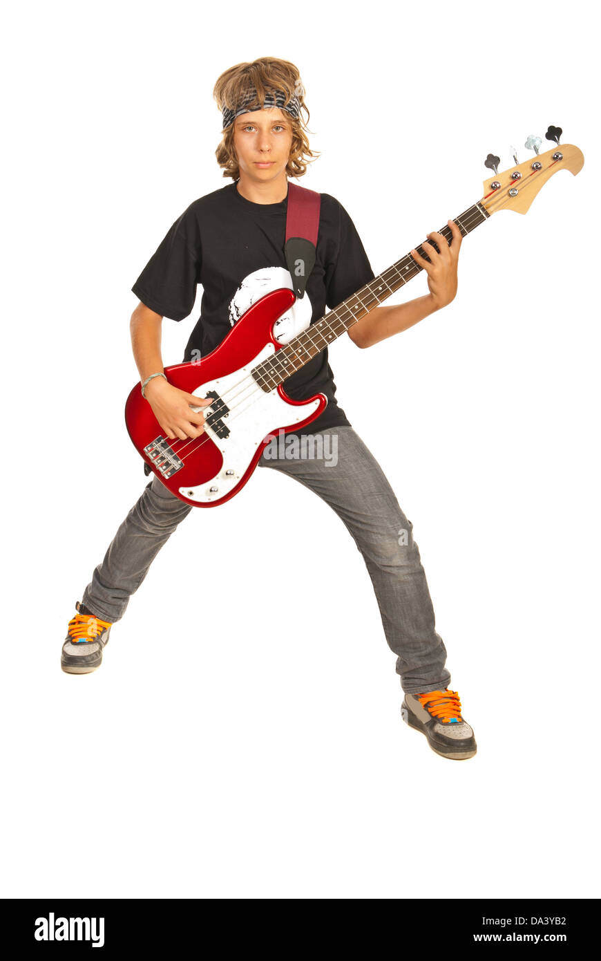 Rocker teen boy with bass guitar isolated on white background Stock ...