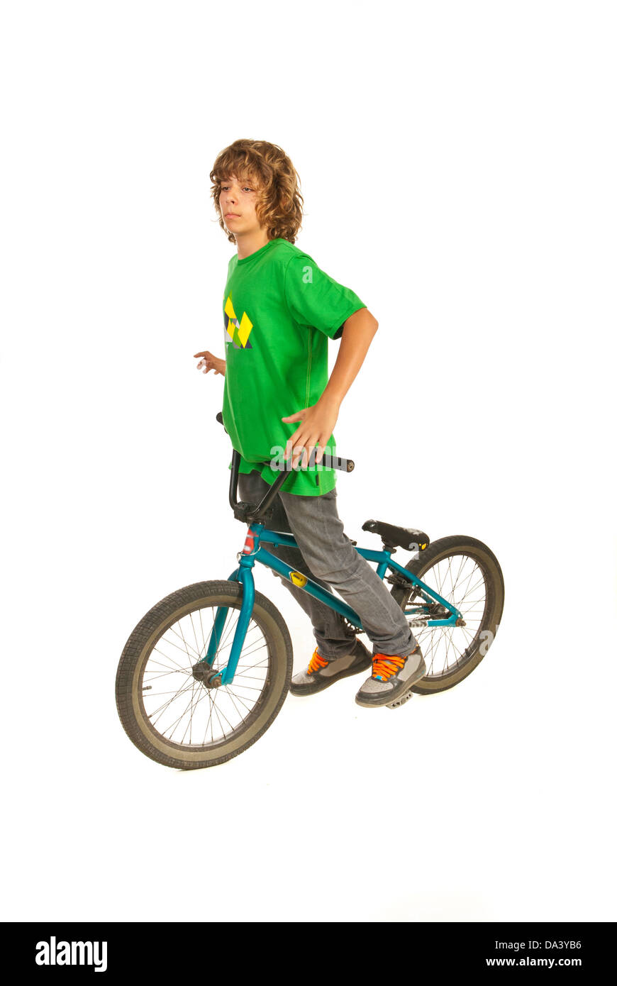 Freestyle biker teen boy on the bike isolated on white background Stock ...